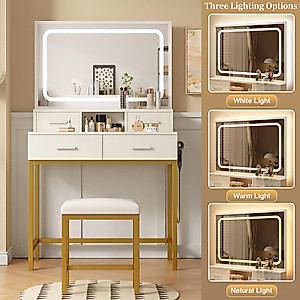 Makeup Vanity with Mirror and Lights, Vanity Desk Table with 2 Drawers, Extra Storage Boxes and Hairdryer Holder, 3 Color Modes Available, Vanity Desk with Chair Set for Bedroom, White