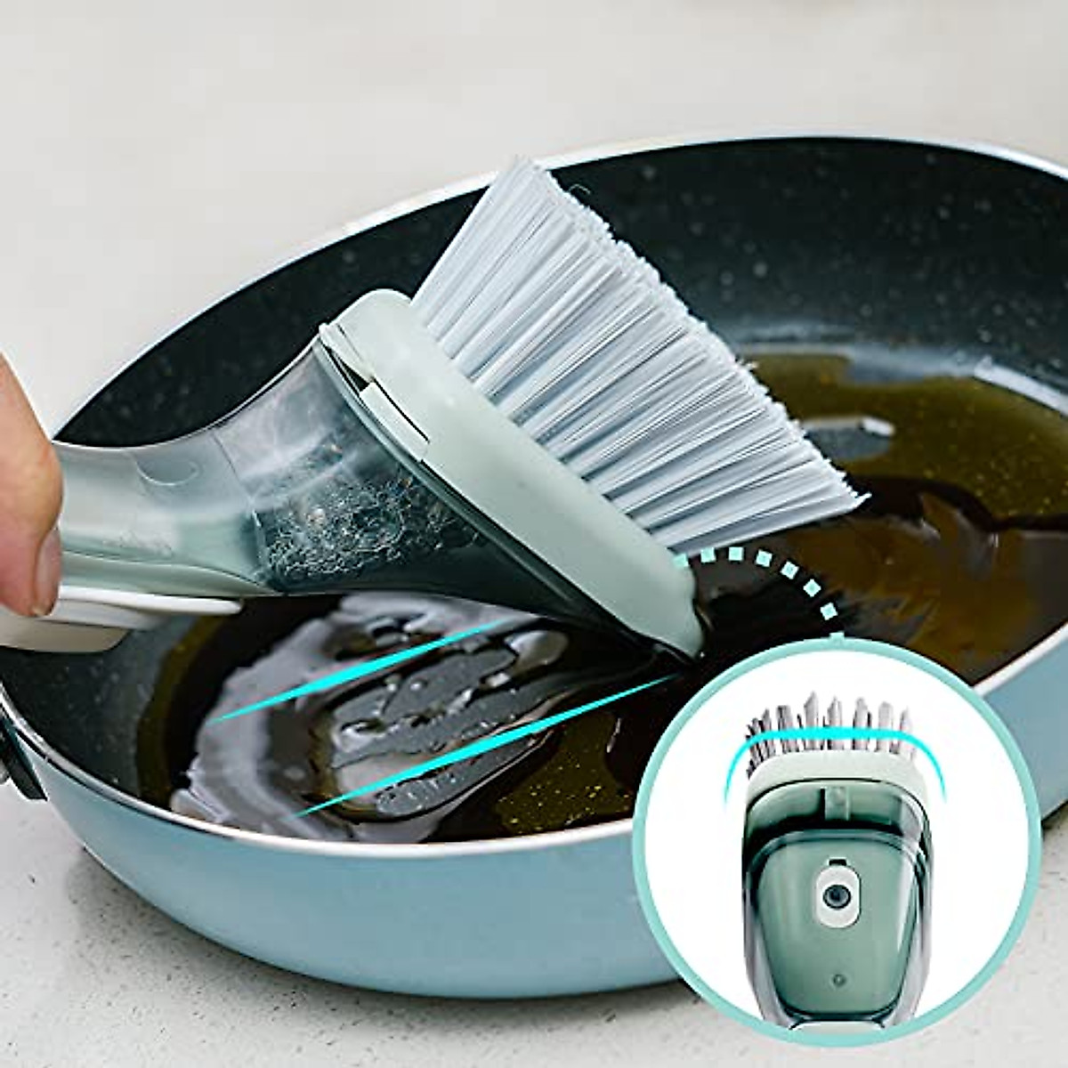 CQT Soap Dispensing Dish Brush, Dish Scrubber with Handle, Kitchen Washing Brush for Pot Pan Sink Cleaning, Packed with 1 Replaced Scouring Pad Head (Mint Green)