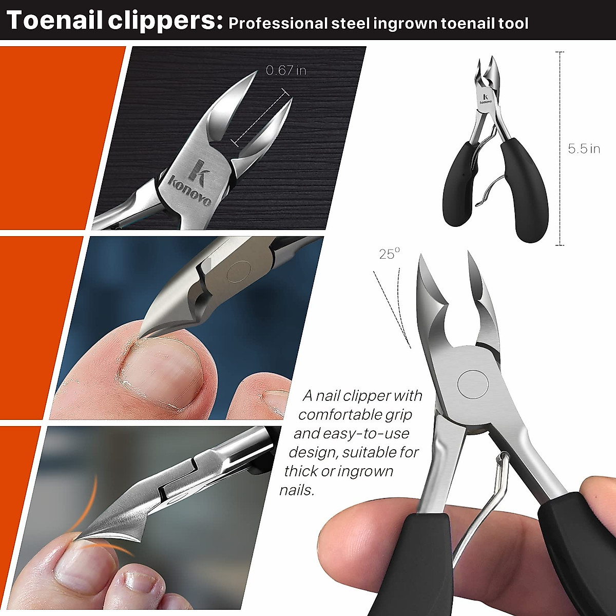 Konovo Toenail Clippers for Seniors Thick Toenails, Toe Nail Clippers Adult Thick Nails Long Handle 16mm Wide Jaw Opening Nail Clippers Heavy Duty Nail Clippers Kit 5Pcs