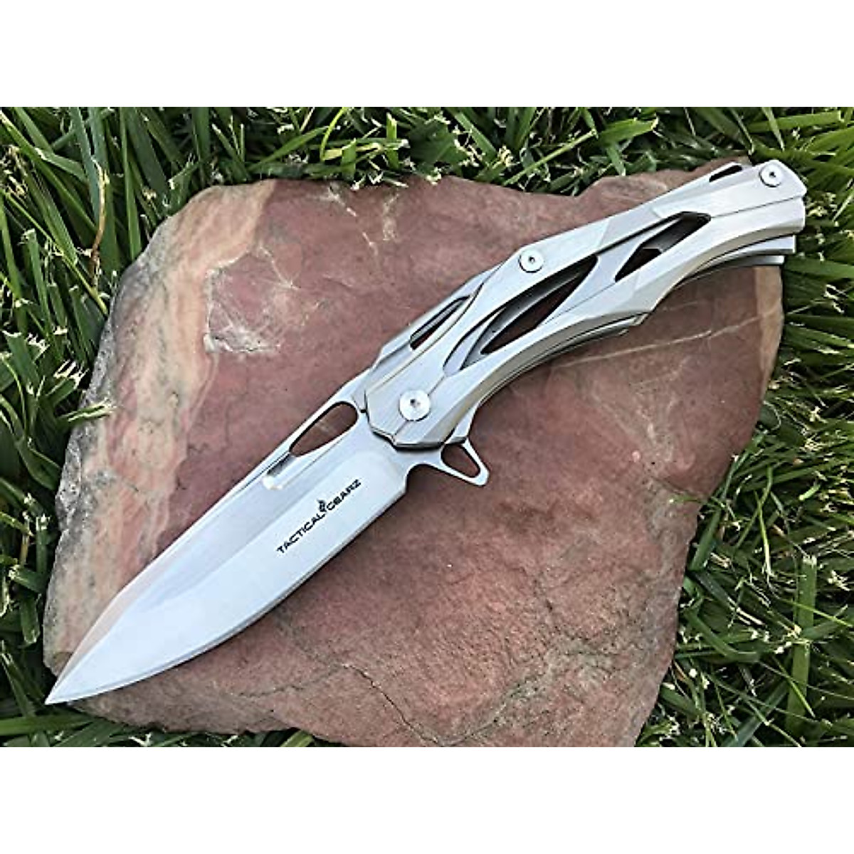 TACTICAL GEARZ SS Pocket Knife! TG Kronus, Brushed Nickel Stainless Steel Handle! Sharp 7Cr17mov Stainless Steel Blade! BallBearing! Includes Sheath!