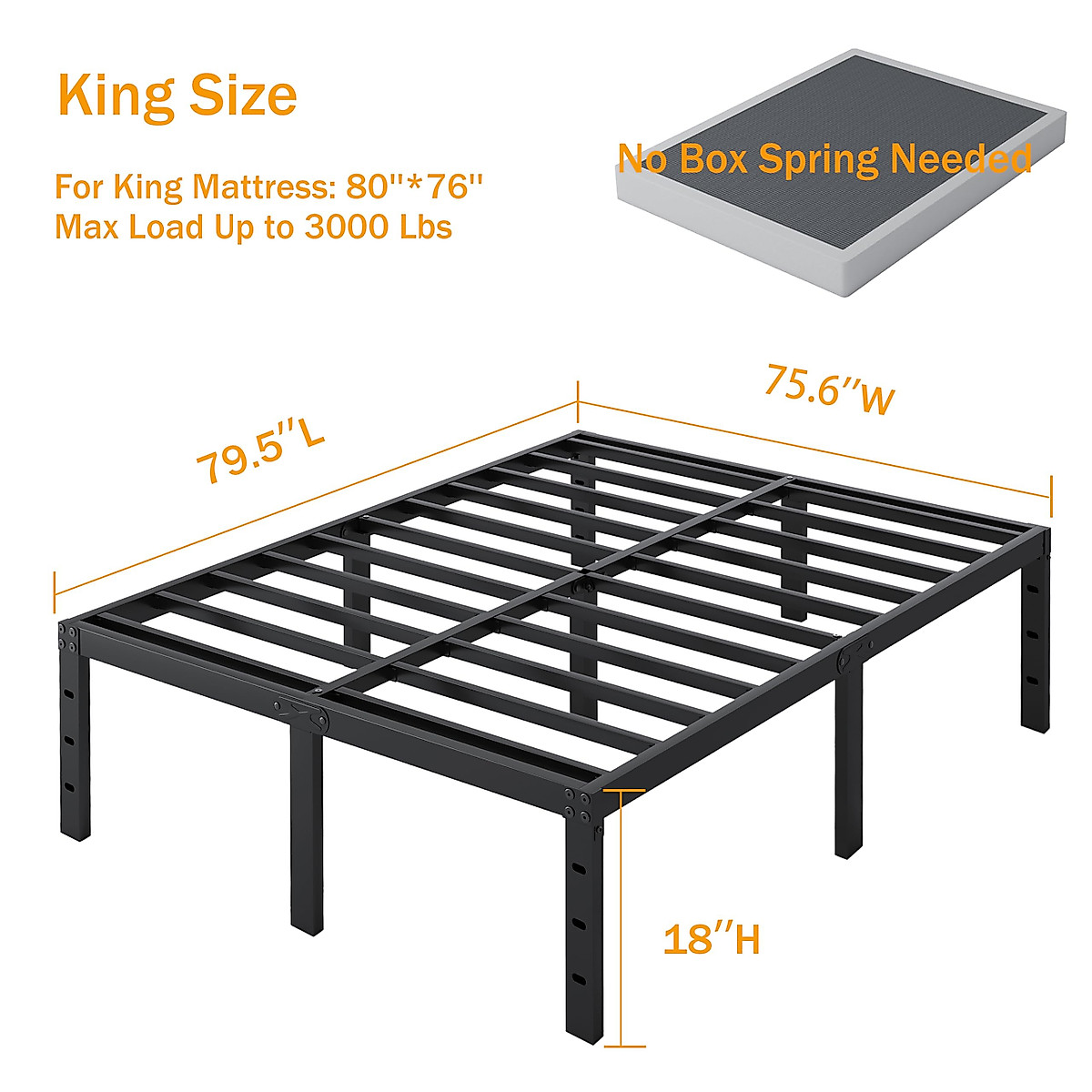SHLAND King Size Bed Frame, 18 Inch Heavy Duty Metal Platform Bed Frame No Box Spring Needed, Mattress Foundation, Storage Space, No Noise, Easy Assembly