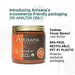 Artisana Organics Cashew Cacao Spread, 9.5oz | Sweetened with Coconut Sugar, No Palm Oil