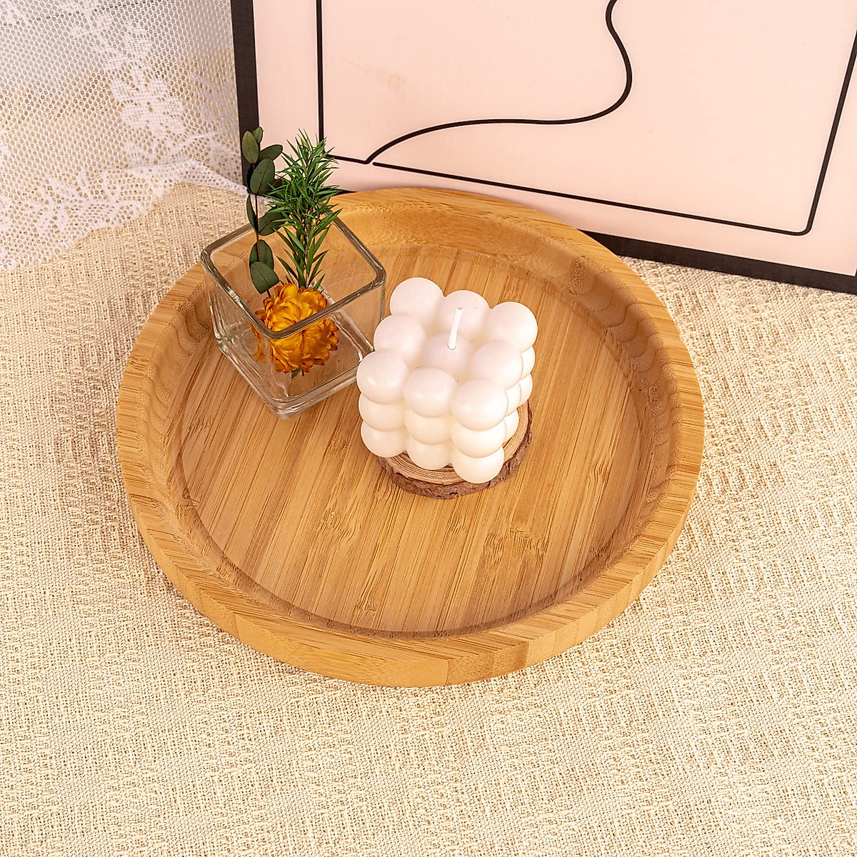 Dranixly Serving Tray, Round Bamboo Tray Beautiful Round Decorative Wood Tray for Kitchen Dining Room Coffee Table, Suitable for Storage and Display (9.8 inch)