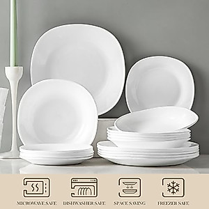 MALACASA Plates and Bowls Set for 12, Opal Glass Dinnerware Sets Chip Resistant, 36-Piece White Square Dinner Set with Plates, Dishes and Bowls, Dish Set Microwave Safe, Series Esmer