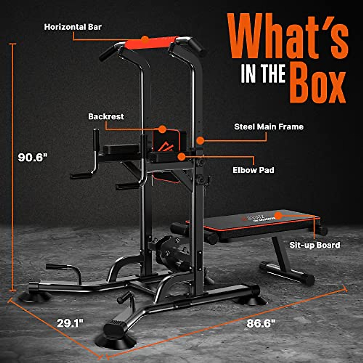 SQUATZ Pull-Up Workout Station with Bench - Multifunctional Gym Equipment Setup w/Pulling Bar, Sit-Up Board, Backrest, Elbow Pad, & Steel Main Frame, Great for Home Exercise and Weight Training