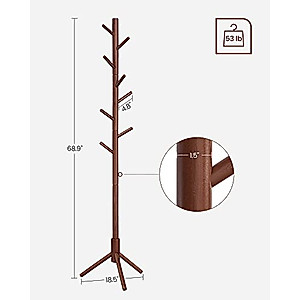 VASAGLE Solid Wood Coat Rack, Free Standing Coat Rack, Tree-Shaped Coat Rack with 8 Hooks, 3 Height Options, for Clothes, Hats, Bags, for Living Room, Bedroom, Home Office, Dark Walnut URCR04WN