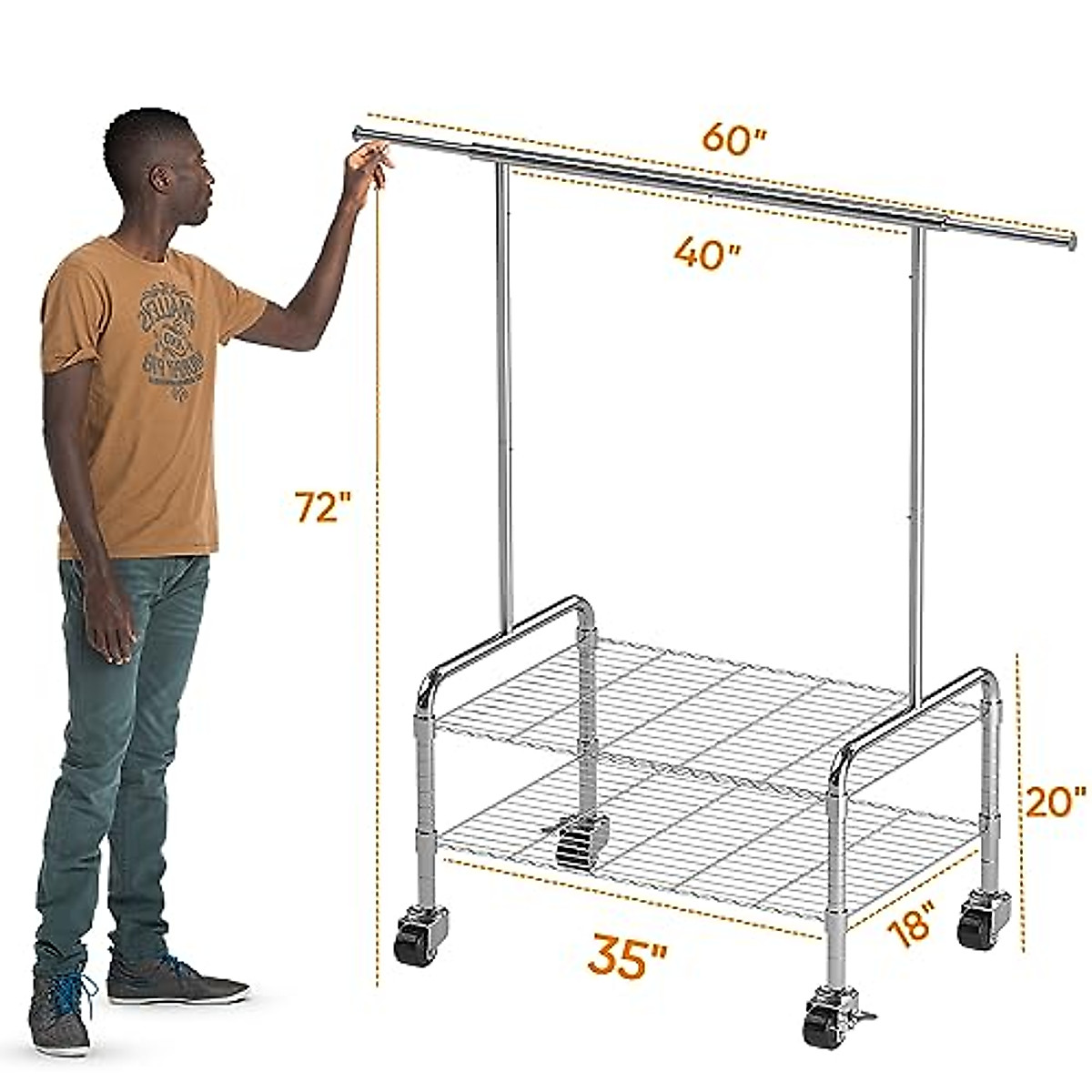 Clothes Rack, Heavy Duty Load 620lbs, Clothing Rack with Wheels Commercial Garment Rack for Hanging Clothes Rack, Portable Rolling Clothes Rack with 2 Tier Storage Shelf, Adjustable Length 40"-60"