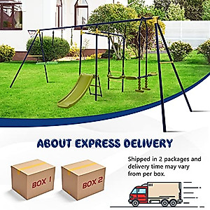 Costzon 660 lbs Swing Sets for Backyard, 7-in-1 Heavy Duty Extra Large Metal Swing Frame w/2 Swings, Glider, Gym Rings, Slide, Monkey Bar, Basketball Hoop, Play Equipment for Indoor Outdoor Gift Kids