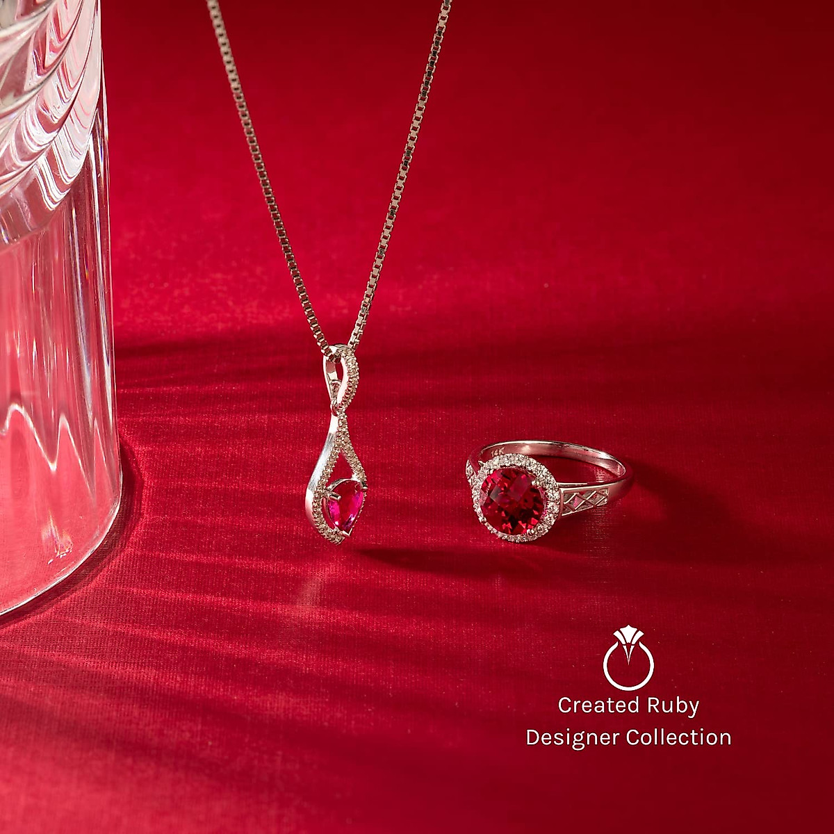 PEORA Created Ruby Ring for Women 14K White Gold with Genuine White Topaz, 1 Carat Cushion Cut 6mm, Halo Design, Size 8