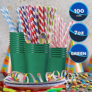 PAMI Colorful 7oz Plastic Party Cups [Pack of 100] - Disposable Drinking Glasses Bulk- BPA-Free Colored Cups For Iced Tea, Jello, Punch, Cocktails, Shots & Cold Drinks- Throw-Away Green Plastic Cups