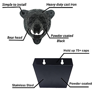 Luwanburg Black Bear Head Cast Iron Bottle Opener Wall Mounted with Cap Catcher Bundle