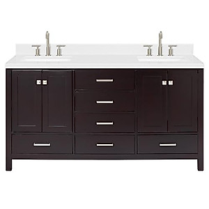 ARIEL Cambridge 66" Espresso Double Vanity, 1.5" Edge Carrara White Quartz Countertop & Splash, Rectangular Sinks, 4 Soft Closing Doors, 6 Full Extension Dovetail Drawers, Brushed Nickel