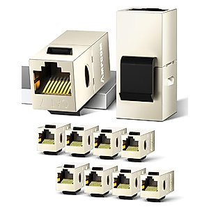 AMPCOM CAT7 Inline Coupler RJ45 STP Keystone Jack, Shielded Female to Female Feedthrough Ethernet Module- 10 Pack