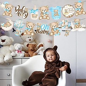 Teddy Bear Party Banner 3Pcs We Can Bearly Wait Baby Shower Decorations Blue Bear Baby Shower Banner for Baby Boy Gender Reveal Party Decorations