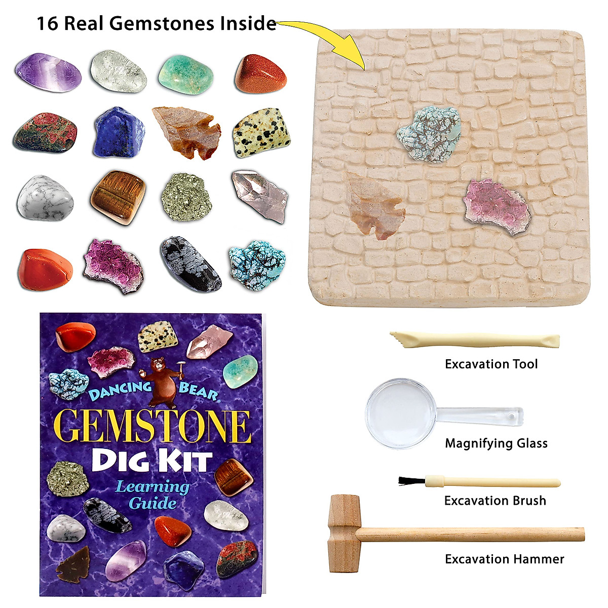 DANCING BEAR Gem Dig Kit - Excavate 16 Gems & Crystals Including Arrowheads, Quartz, Amethyst - STEM Education Gift Set for Kids