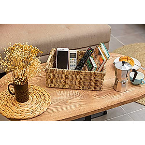 Large Water Hyacinth And Seagrass Basket Storage Wicker Basket Rectangular with Wooden Handles for Shelves