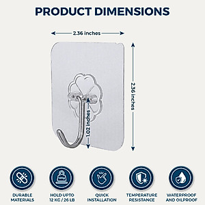 AMAZOPEN Self Adhesive Hooks - 24 Packs of Transparent Wall Door Hooks Stick On/Extra Strong Sticky Hooks for Hanging Coat, Cloth, Towel, Key and More