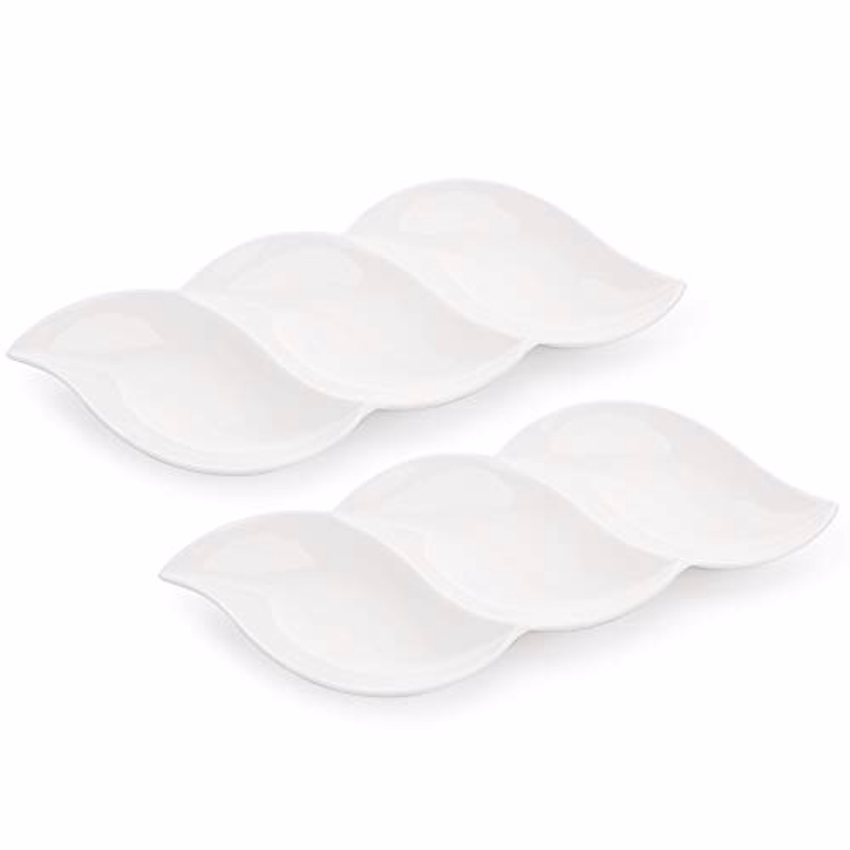 MyGift Set of 2 White Ceramic Relish Tray Appetizer Serving Platter with Wave Design, Divided Snack Tray, Charcuterie, Food, Dessert Platters, 13.5 x 6.5 Inch