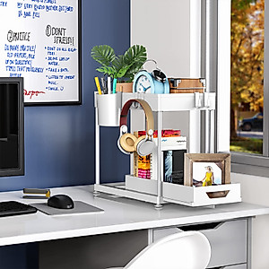 Fkprorjv Under Sink Organizers and Storage, 2 Pack Kitchen Bathroom Sink Organizer with Hooks, 2 Tier Under Sink Cabinet Basket Storage Shelf with Sliding Drawers, White