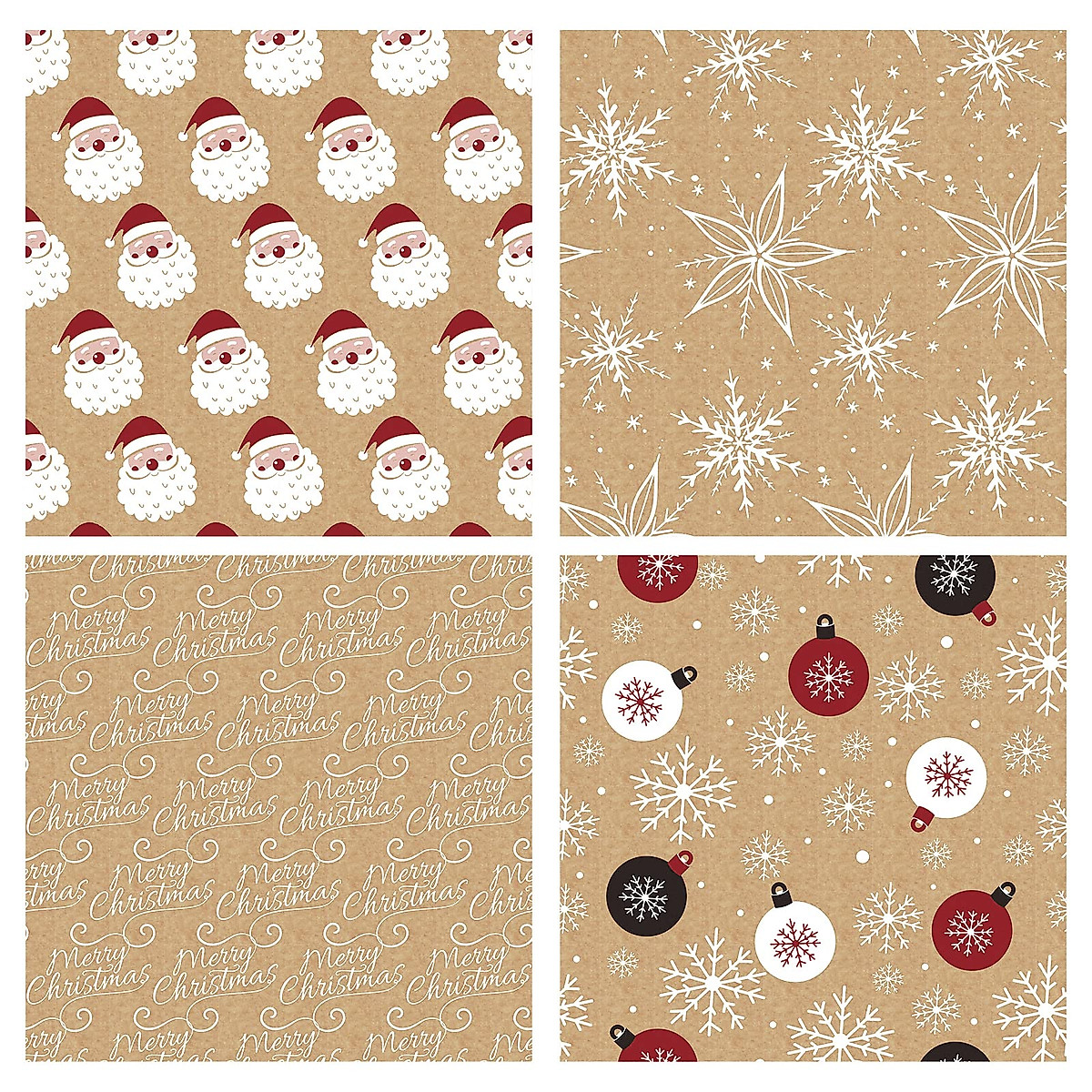 RUSPEPA Christmas Wrapping Paper, Kraft Paper - Santa Claus, Snowflake, Christmas Ball and Merry Christmas - 4 Rolls - 30 inches x 10 feet per Roll