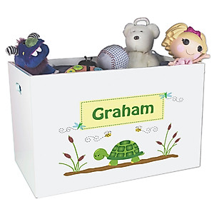 My Bambino Personalized Turtle Childrens Nursery White Open Toy Box for Unisex Girls Boys Custom White Wooden Theme for Kids Bin Child Safe with No Lid Storage Playroom Nursery