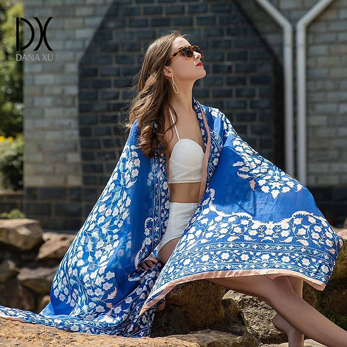 DANA XU 100% Mulberry Satin Silk Summer Travel Scarf Extra Large Women Floral Shawl Oversize Soft Wraps For Evening Dresses