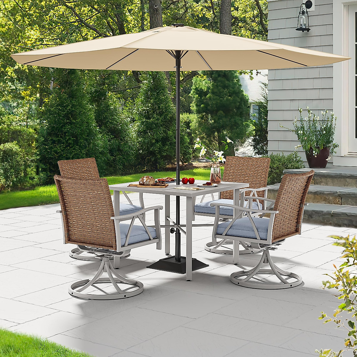 YITAHOME 5-Piece Patio Dining Set, Outdoor Wicker Conversation Furniture w/4 Swivel Dining Chairs and 2" Umbrella Hole Imitation Wood Grain Dining Table for Backyard, Balcony and Garden