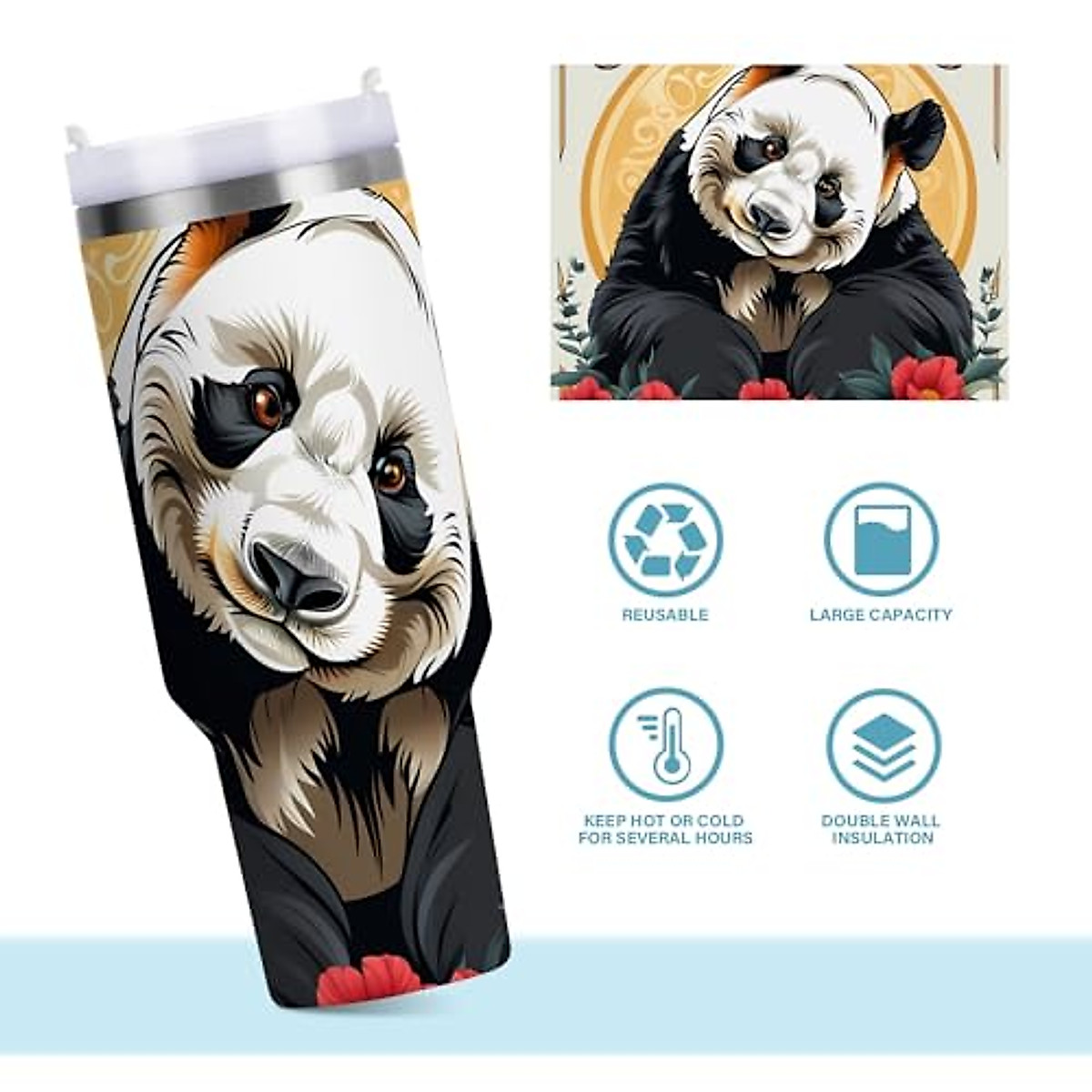 Panda with Floral Tumbler With Handle And Straw 30-40oz Insulated Tumbler Cups With Lid Stainless Steel for Cold Water and Drinks for School Work Sports Car Travel and Weekends