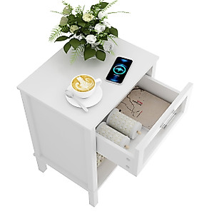 YAUKOMEL Small White Nightstand, End Table with Drawer, Bed Side Table,Nightstand with Acrylic Drawer for Living Room, Bedroom,Small Space White CTG67W