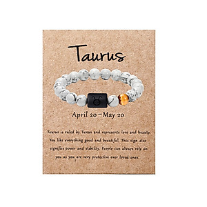 MAOCEN Zodiac Bracelet for Men Women 8mm 10mm White/Black Stone Lucky Blessing Beaded Star Sign Constellation Horoscope Bracelet Fashion Jewelry Gifts (6.5, Taurus)