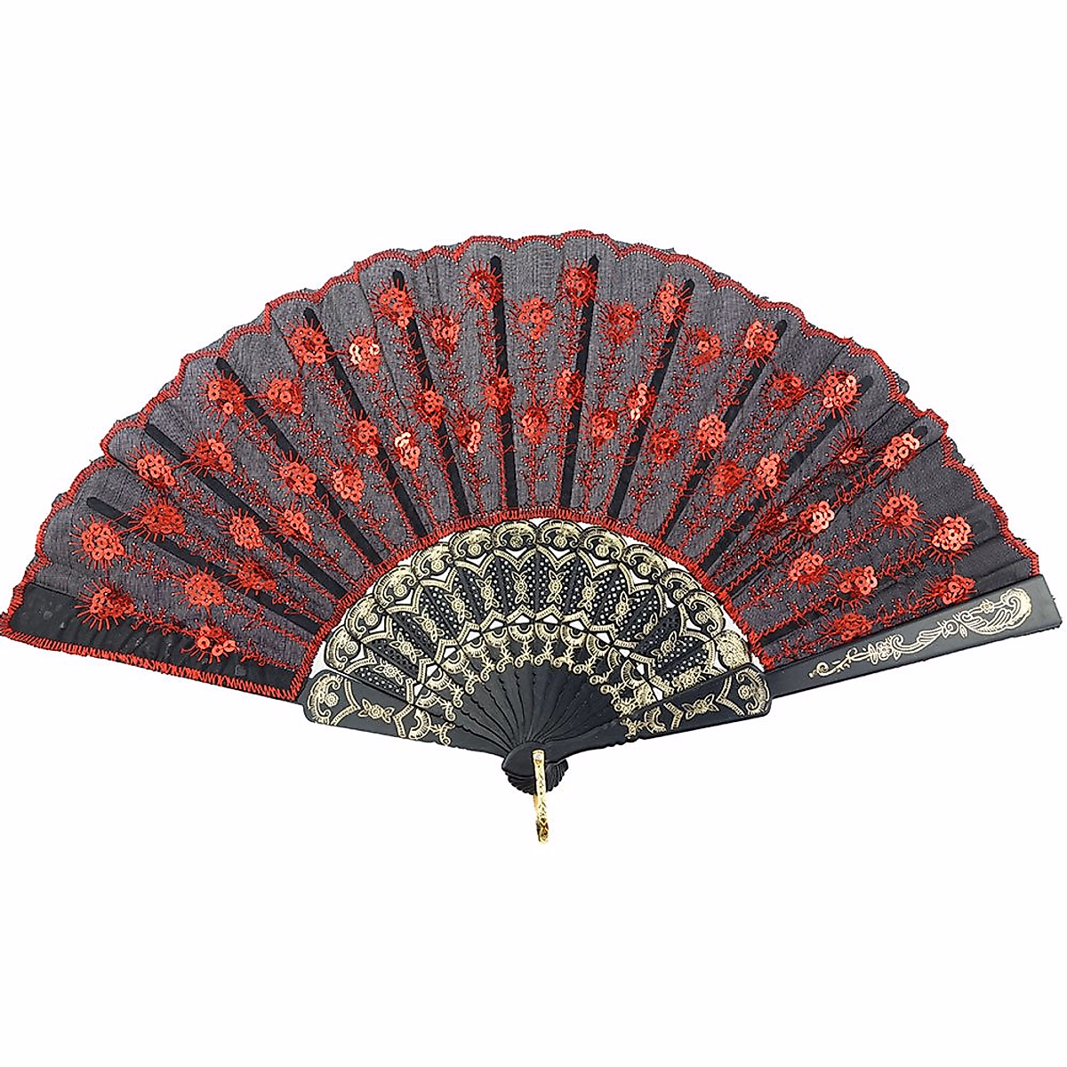 Innolife Elegant Colorful Embroidered Flower Peacock Pattern Sequin Fabric Folding Handheld Hand Fan Hand-Crafted (Red)