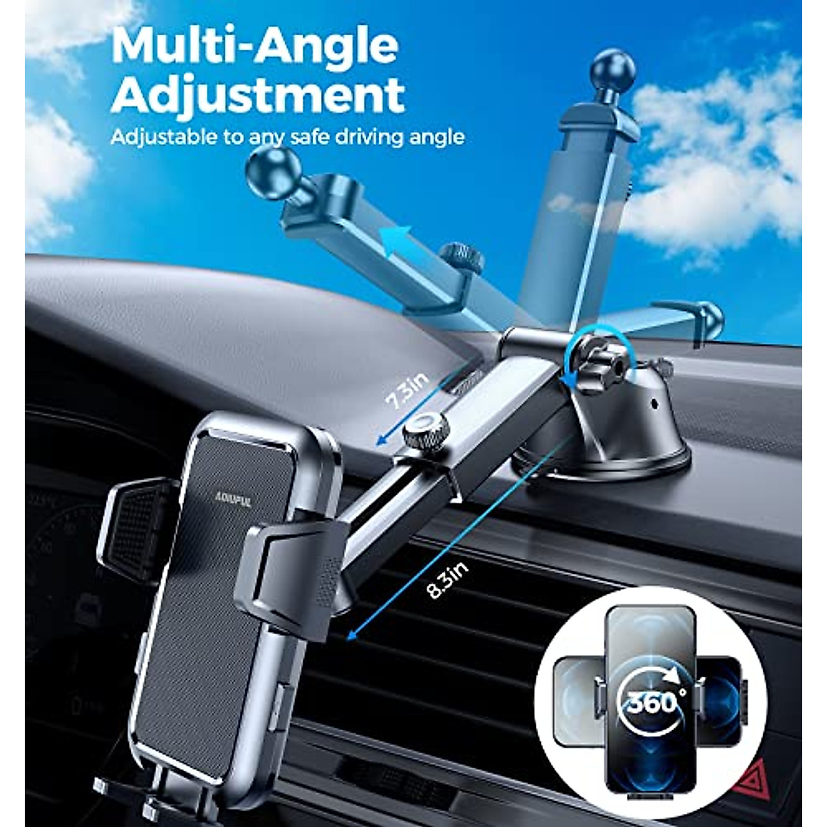 ADIUPUL Car Phone Holder Mount, Phone Mounts for Car 3 in 1 Universal Car Mount, Easy Clamp Hands Free Universal Fit for Dashboard Windshield Vent iPhone Samsung and More Phones