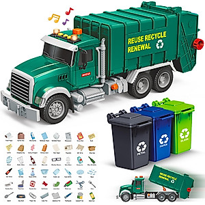 MOBIUS Toys Garbage Truck Toy – Recycling Vehicle for Boys with 3 Garbage Cans + 48 Flash Cards – Push & Go, Lights & Sounds – Multi-Functional Trash Truck w/Moving Parts for Ages 3-8