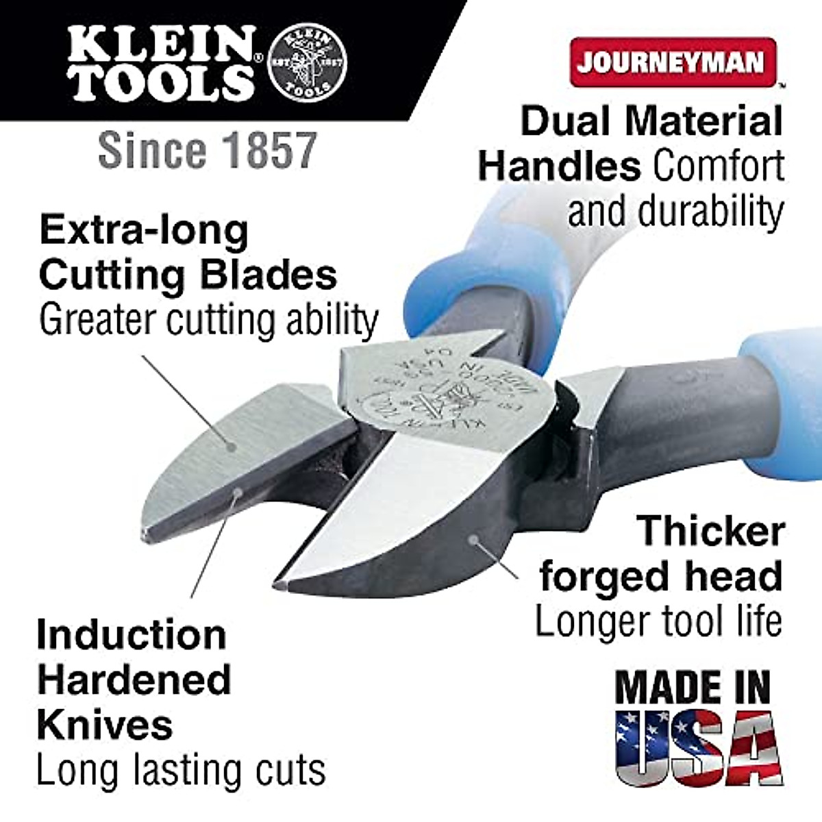 Klein Tools J2000-59 Pliers, Diagonal Cutting Journeyman Pliers with High-Leverage Design, Larger Head and Extra Long Blades, 9-Inch