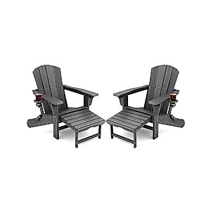 KINGYES Folding Adjustable Adirondack Chair with Retractable Ottoman Set of 2, HDPE All Weather Chair with Cup Holder, Wood-Like Reclining Adirondack Chair - Versatile Adirondack Chair, Grey
