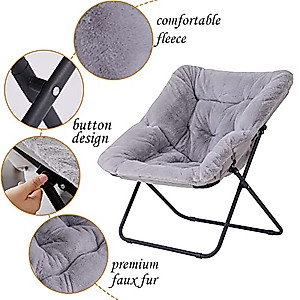 Givjoy Saucer Chair, Soft Faux Fur Oversized Folding Accent Chair, Soft Furry Lounge Lazy Chair, Metal Frame Moon Chair for Bedroom, Living Room