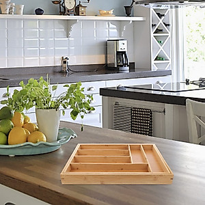 Yardwe Cutlery Tray with 6 Compartments Wood Flatware Organizer Divider Bamboo Silverware Holder Walnut Wooden Utensil Drawer for Kitchen Cutlery Storage (18.1 x 13 Inch)