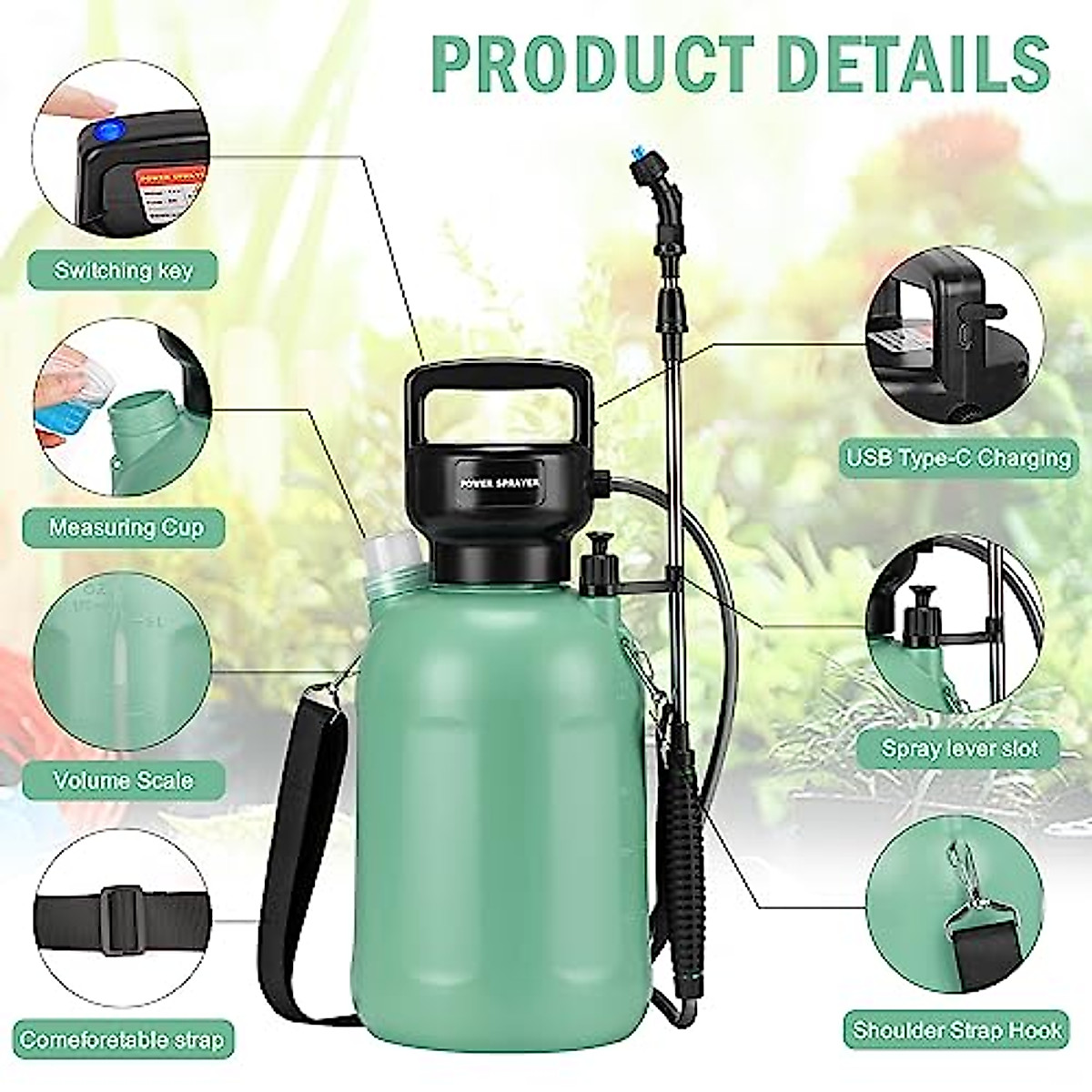 Garden Sprayer 1.35Gallon/5L Battery Powered Sprayer with USB Rechargeable Handle, Weed Sprayer with 3 Mist Nozzles, Portable Electric Sprayer with Shoulder Strap for Cleaning, Lawn, Green