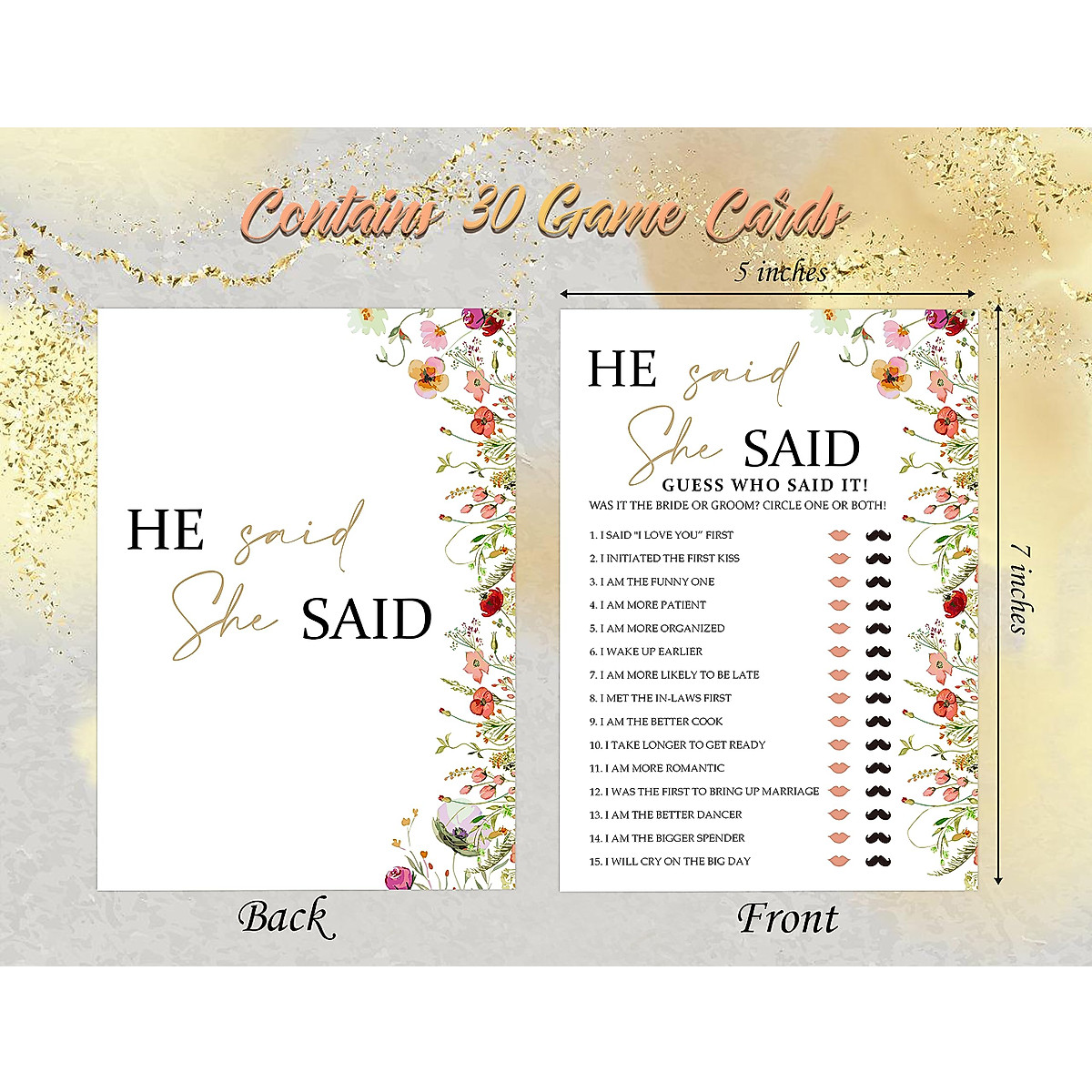 He Said She Said Bridal Shower Games, Wedding Shower and Bachelorette Party - Set of 30 Cards, Boho Floral Bridal Wedding Activities Game Cards for Guests, Bridal Shower Party Decorations-LH2
