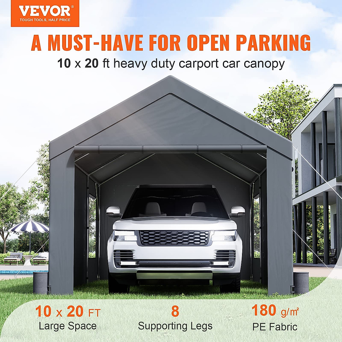 VEVOR Carport 10'x20' Heavy Duty Steel Car Canopy, Portable Garage with 4 Sand Bags, Roll-up Ventilated Windows & Removable Sidewall, All-Season Tarp for Truck SUV Boat Car, Party, Equipment Placement