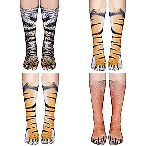 4 Pairs Animal Paw Socks Unisex 3D Print Cat Dog Tiger Novelty Stockings for Women Men White Elephant Gag Gifts Prank Christmas Party Favors