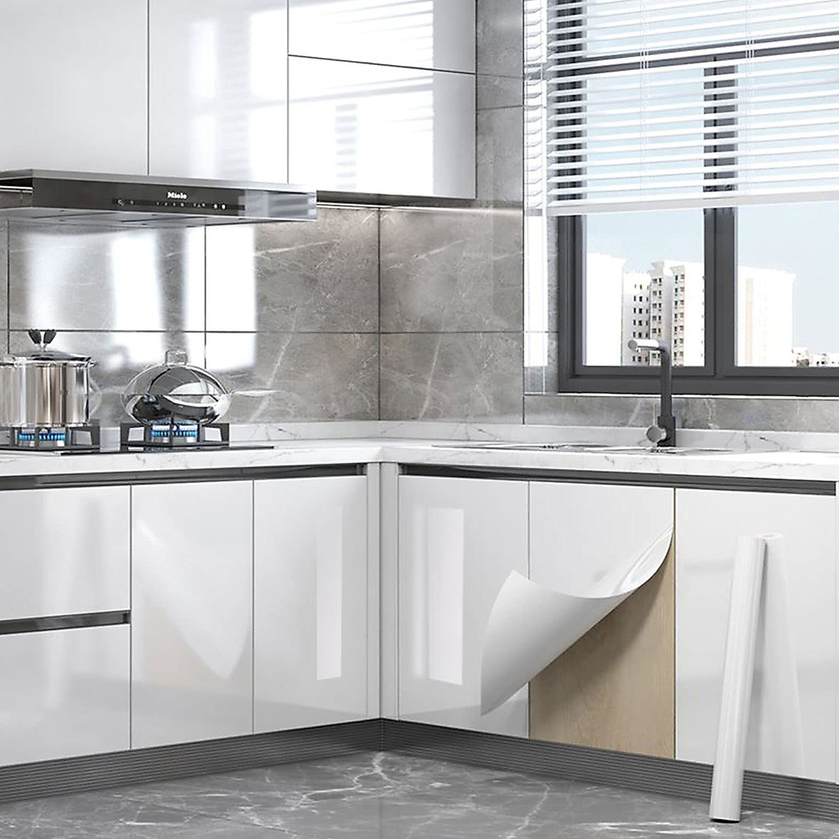 White Contact Paper Decorative for Cabinets Countertops Kitchen Shelves Liner Glossy Glitter Self Adhesive Film Peel and Stick Waterproof Removable Wallpaper(15.7in196.8in)