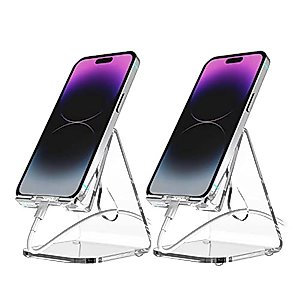 JINSHVEG 2 Pack Acrylic Cell Phone Stand, Phone Holder for Desk, Portable Clear Phone Stand,Office Desktop Accessories, Compatible with 4-10'' Phone 13 Pro Max, Android Smartphone