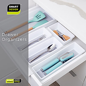 Smart Design Plastic Drawer Organizer - Set of 3-9.75 x 3.75 Inch - Non-Slip Lining and Feet - BPA Free - Utensils, Flatware, Office, Personal Care, or Makeup Storage - Kitchen - White with Gray