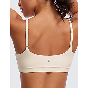 CRZ YOGA Womens Butterluxe Adjustable Spaghetti Strap Sports Bra - Scoop Neck Wireless Padded Yoga Workout Crop Top White Apricot Small