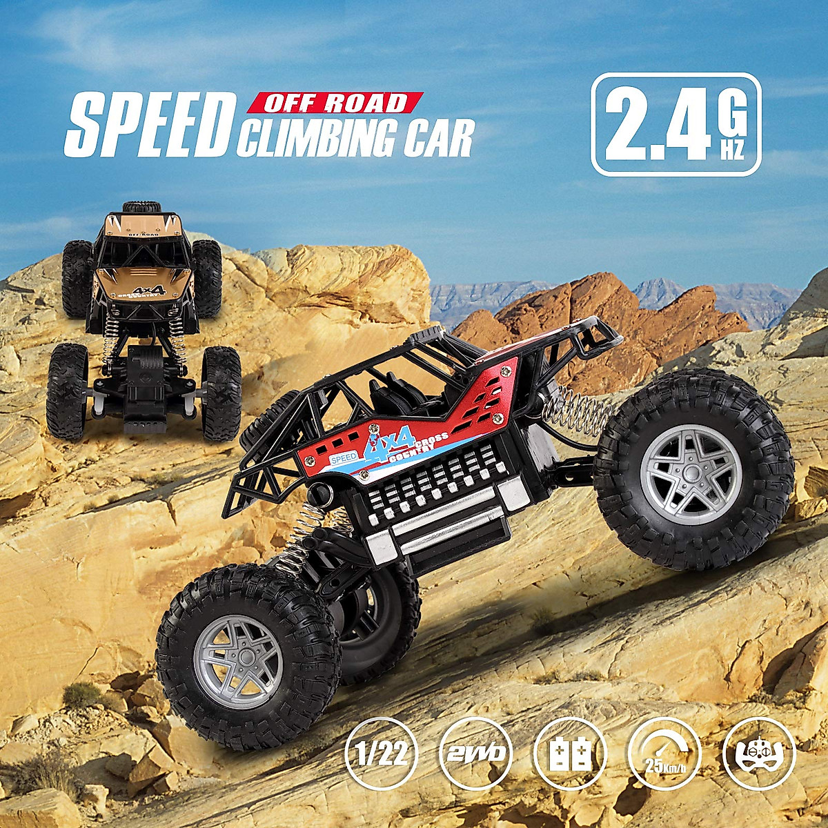 RC Cars, Remote Control Car, Scale Off Road Monster Trucks 25+ MPH Speed 2.4GHz All Terrain, 2 Rechargeable Batteries Toy Crawlers Vehicles for 6 7 8 9 10 11 12 Years Old Boys and Girls (Gd1)