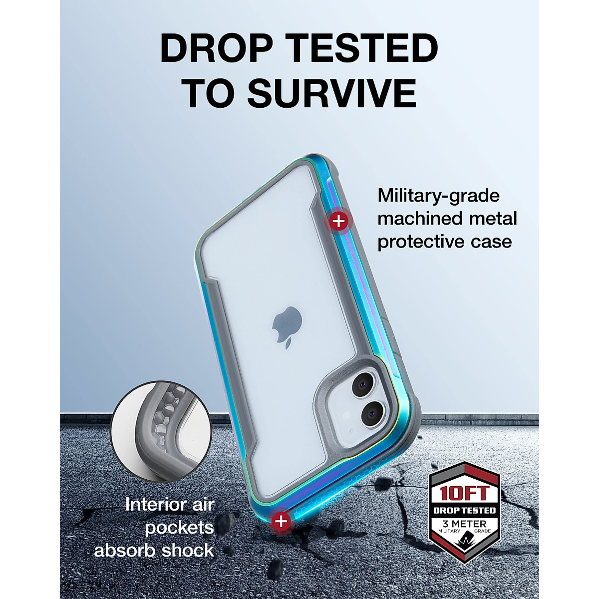 Raptic Shield for iPhone 11 Case, Shockproof Protective Clear Case, Military 10ft Drop Tested, Durable Aluminum Frame, Anti-Yellowing Technology Case for iPhone 11, Iridescent