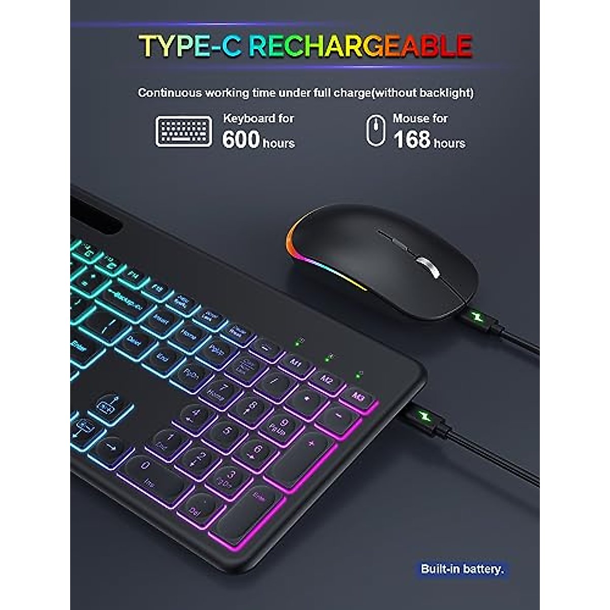 Wireless Keyboard and Mouse with 15 Backlit Effects, Rechargeable Keyboard Mouse Combo with Phone Holder, 2.4G Lag-Free, Silent Light Up Keyboard & Mouse Set for Windows, Mac, PC, Laptop -by SABLUTE