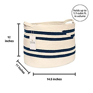 Chloe and Cotton Woven Cube Storage Baskets with Handles | Set of 2 | Cute Decorative Bins for Shelves, Bookcases, Cubbies, & Organizing Containers | Navy White