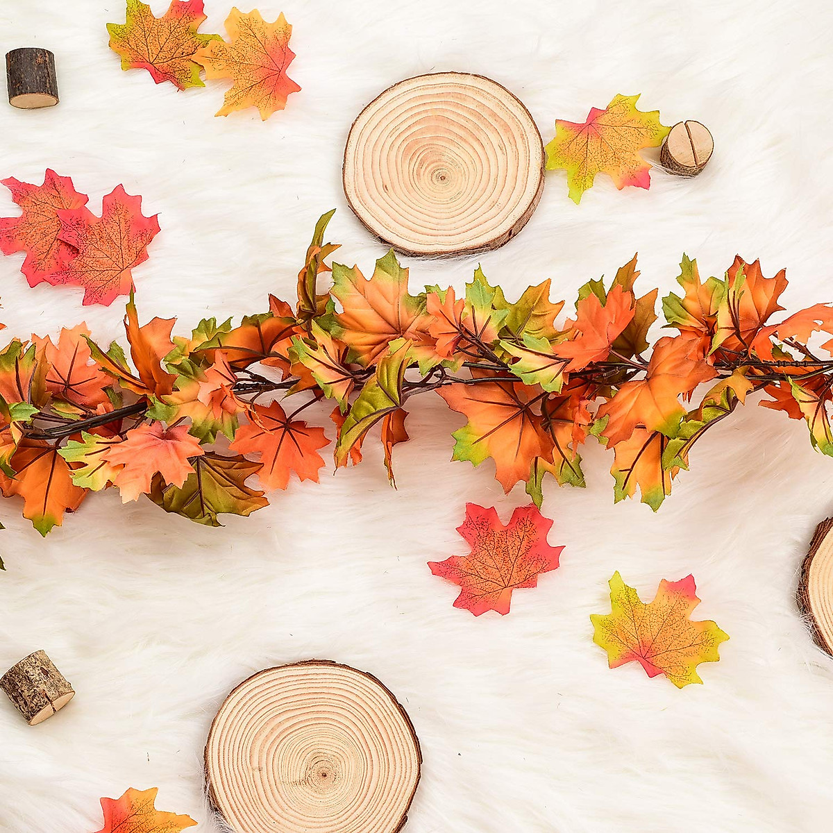 Artiflr 2 Pack Fall Maple Leaf Garland Clearance - 6.5ft/Piece Artificial Foliage Garland Autumn Hanging Fall Leave Vines for Indoor Outdoor Wedding Thanksgiving Dinner Party Decor